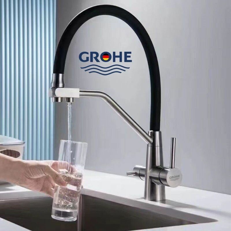 GROHE Смеситель для кухни с фильтром и смеситель для питьевой воды с гибкой силиконовой поворотной насадкой