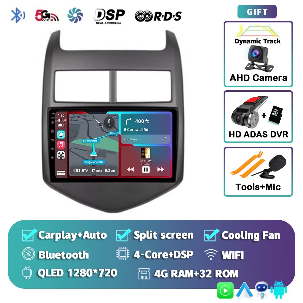 Автомагнитола CarPlay, мультимедийный плеер на Android 14 для Chevrolet Aveo 2 Sonic T300 2011-2015, GPS-навигация, стерео аудио 2din 4G-32G CAM DVR