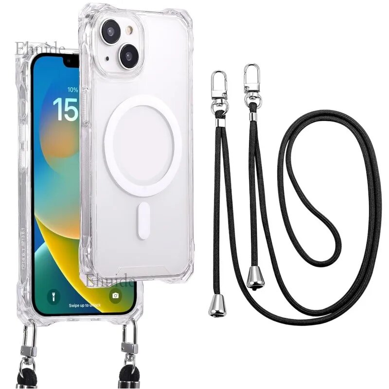 Противоударный чехол с ремешком для iPhone 16, 15, 13, 12, 17 14 Белый, Clear, For iPhone 13 ProMax