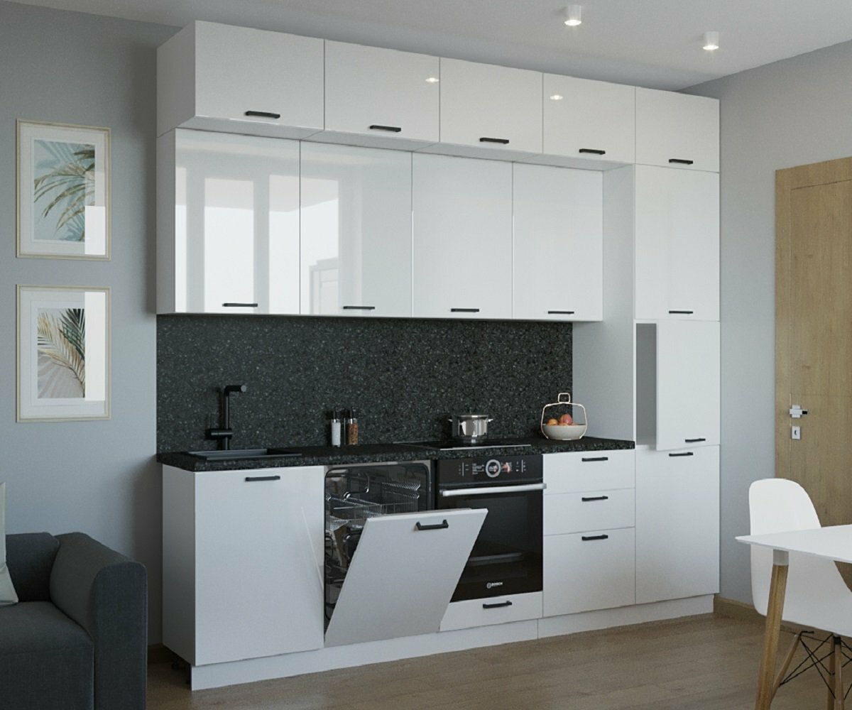 Кухонный гарнитур Белый глянец, фасады МДФ, длина 3000 мм, с антресольными шкафами, пеналом и фасадом для ПМ