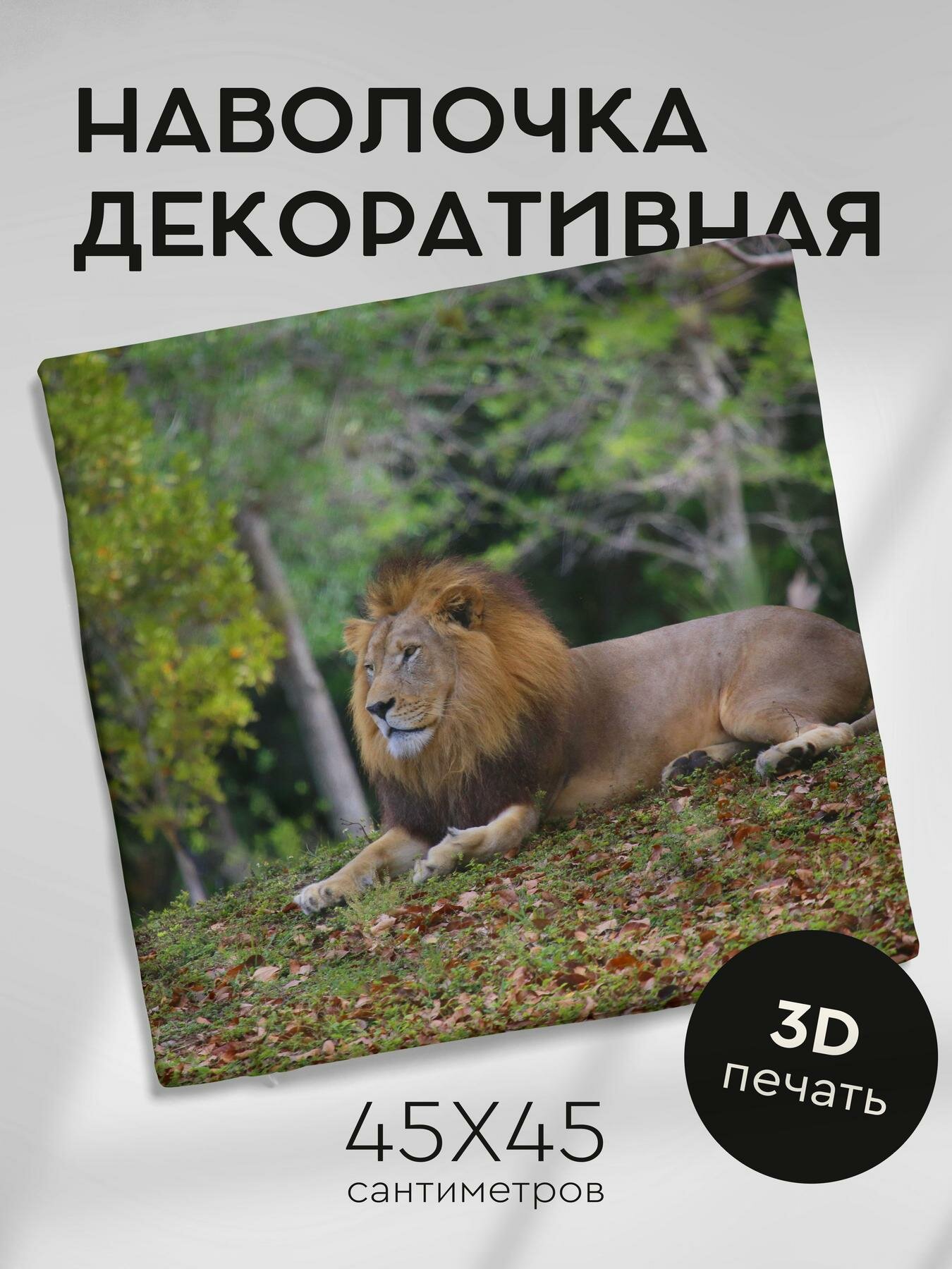 Наволочка декоративная, 45х45см / лев / грива / большая кошка