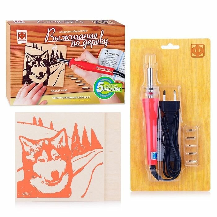 Набор для выжигания Фантазер по дереву, выжигатель, 5 насадок, "Белый клык" (371001)
