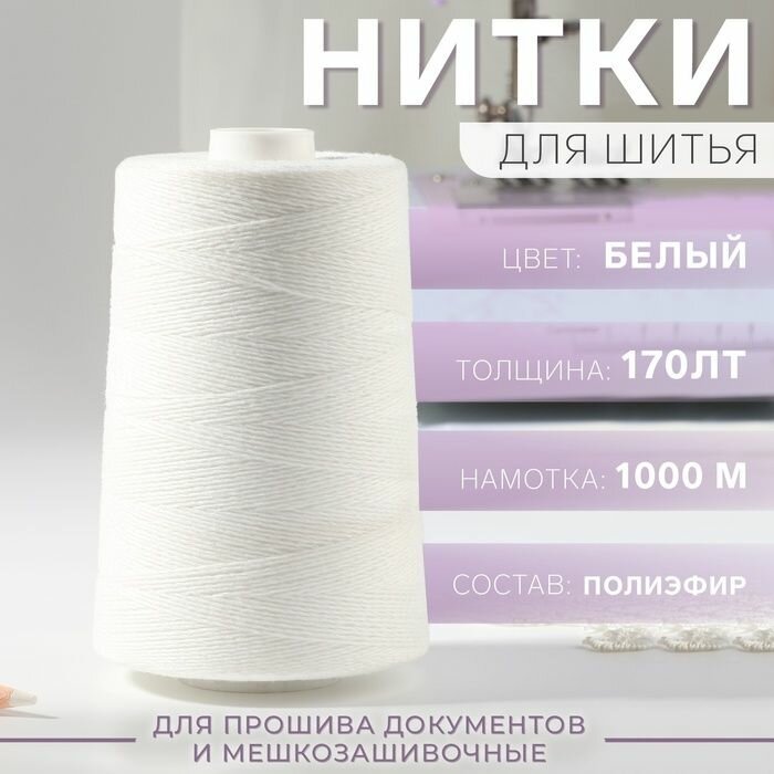 Нитки Sima-land толщина 170ЛТ, 1000 м, цвет белый №0101