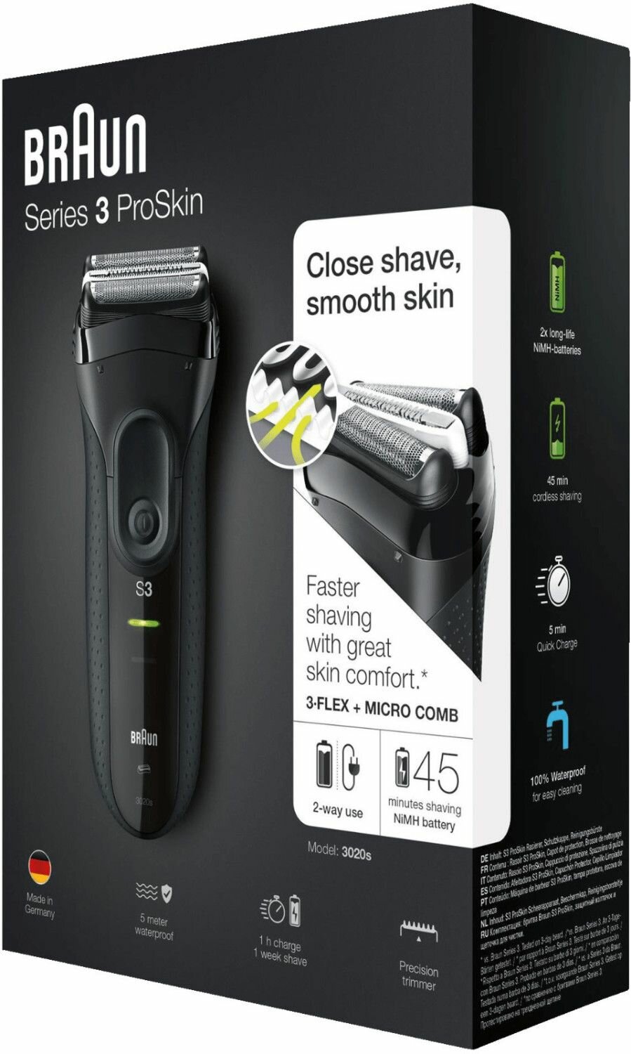 Braun series 3, 3020s, моющаяся бритва с защитным кожухом, 3 головки, синяя