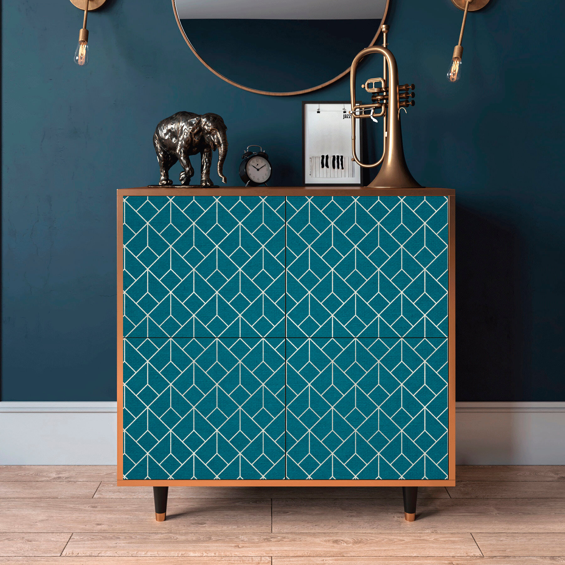 Комод - STORYZ - BS3 Turquoise Geometry, Размер - 94 x 96 x 48 см, Цвет корпуса - Орех