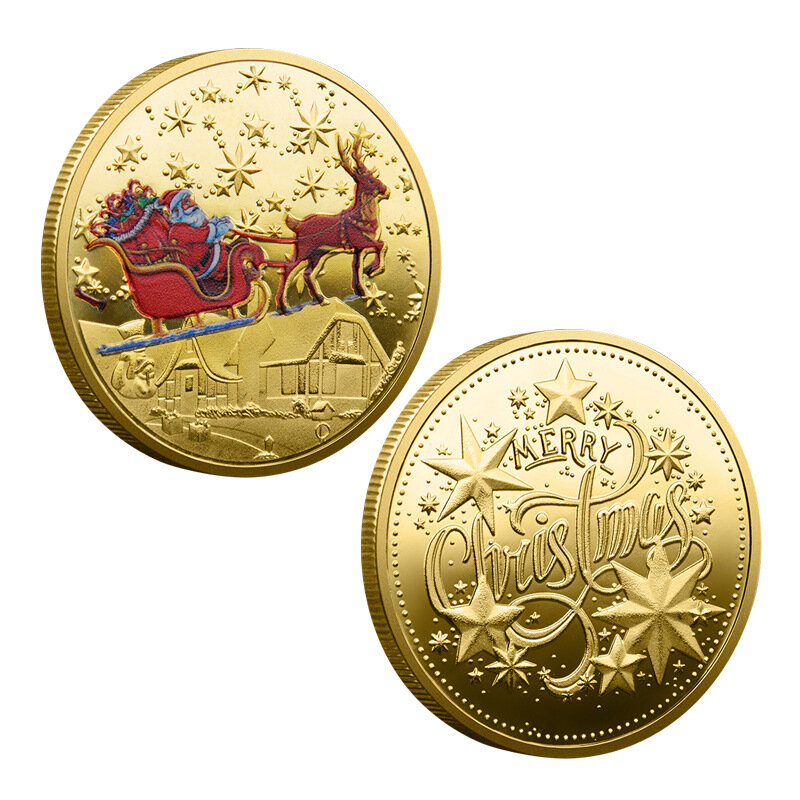 Рождественская памятная монета «Санта-Клаус с оленьими упряжками», двусторонняя праздничная монета с изображением деревенского пейзажа и рождественских звёзд, декоративная коллекционная металлическая монета золотистого оттенка, железный медальон диам