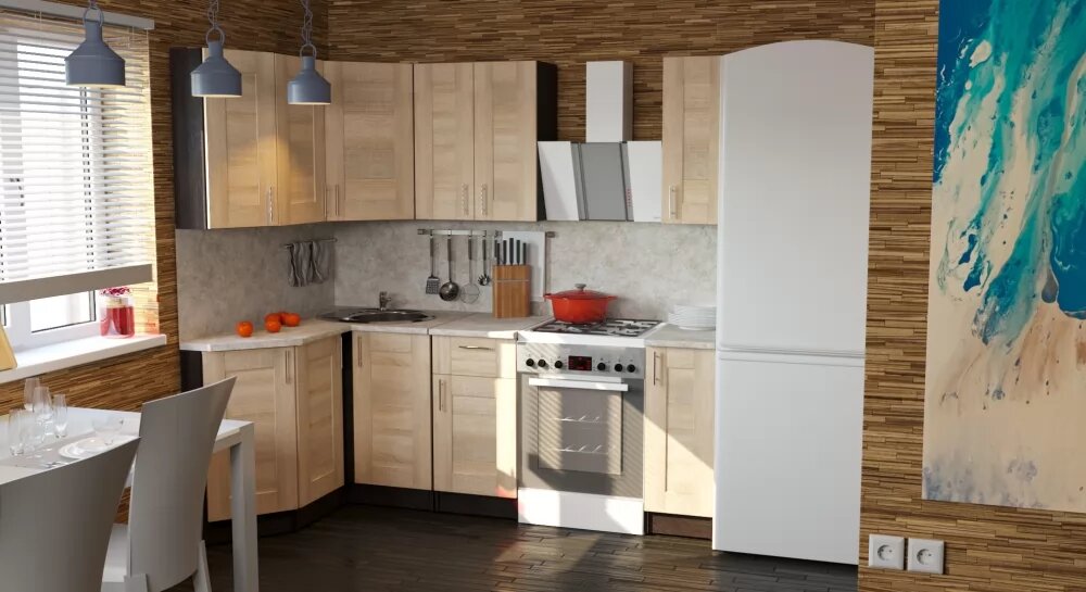 Кухонный гарнитур Герда Ника литл 1500х1300 мм, каркас ЛДСП, фасад ЛДСП, Венге/Квадро дуб сонома