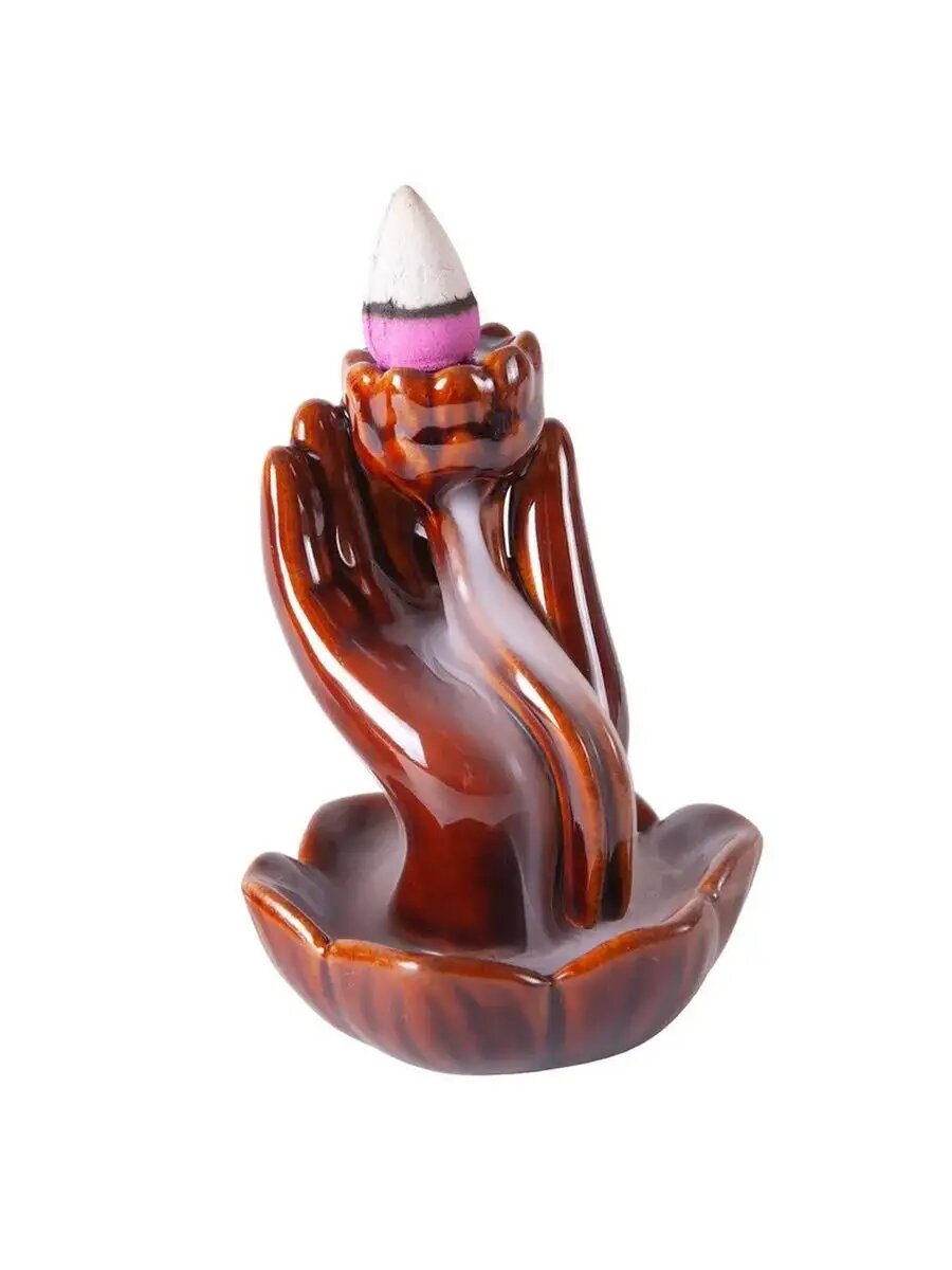 Подставка "Рука с Лотосом", для благовоний, стелющийся дым, коричневая