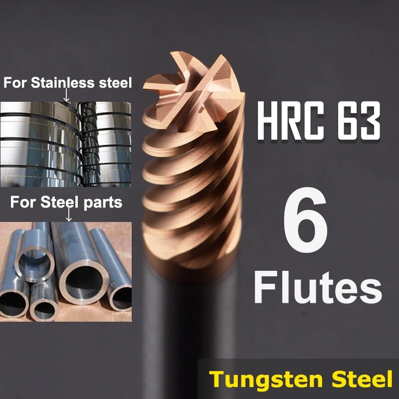 6-флейтовый HRC63/HRC68 фрезерный станок с ЧПУ 4 мм 5 мм 6 мм 8 мм 10 мм 12 мм 14 мм 16 мм 20 мм для стали HRC63, D4x4x10x50L-6T