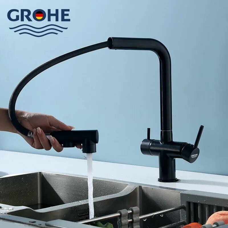 Смеситель для кухни GROHE с подключением фильтра для питьевой воды и гибким выдвижным механизмом