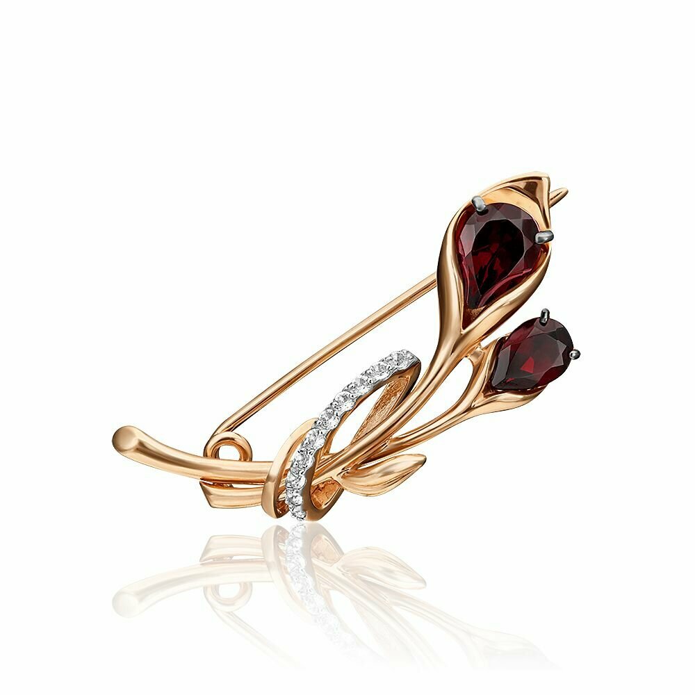 Брошь, красное золото, 585 проба, гранат, топаз