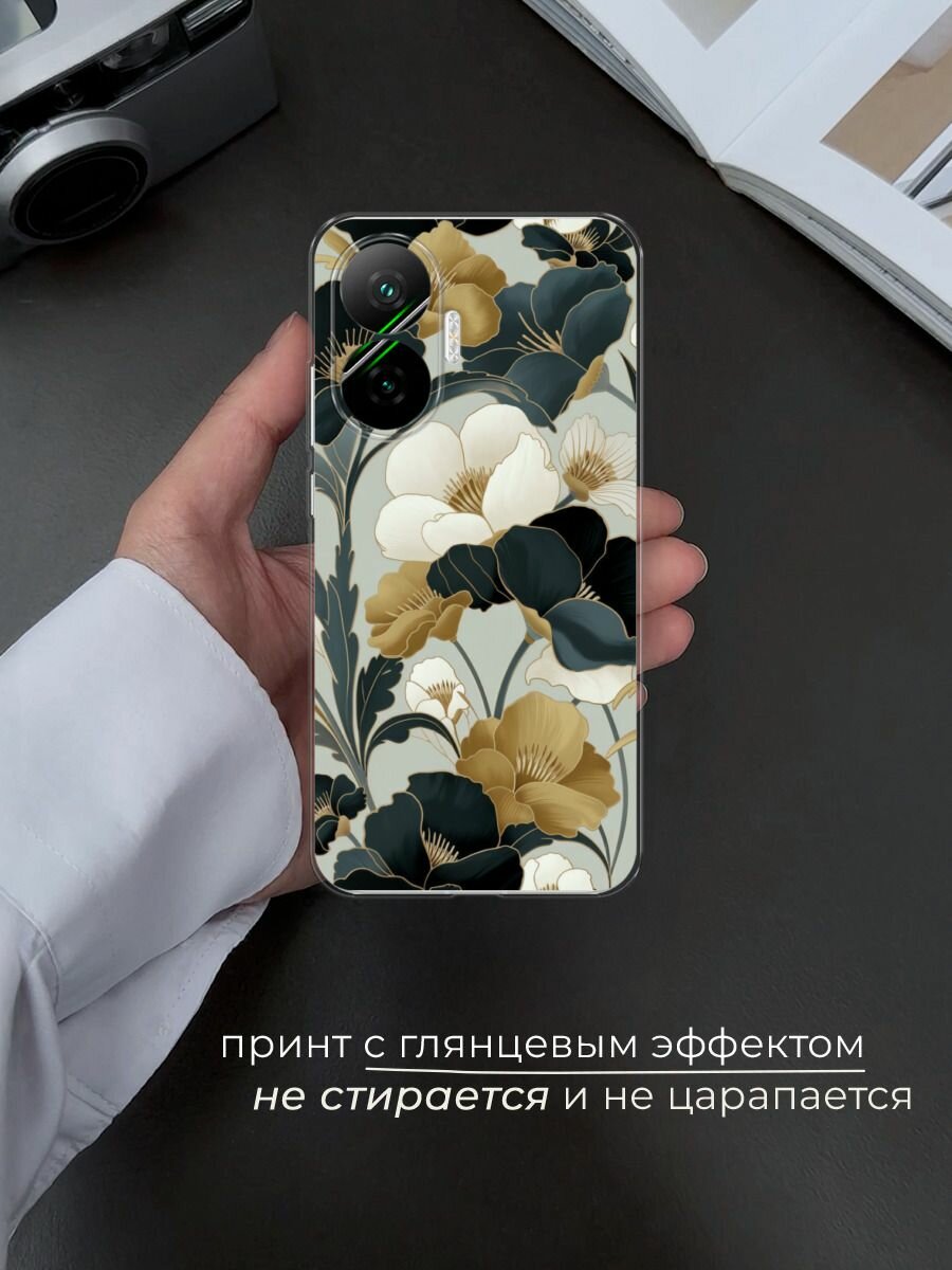 Силиконовый чехол на Poco F7 / Поко F7 с принтом Золотые и белые цветы — фото 1