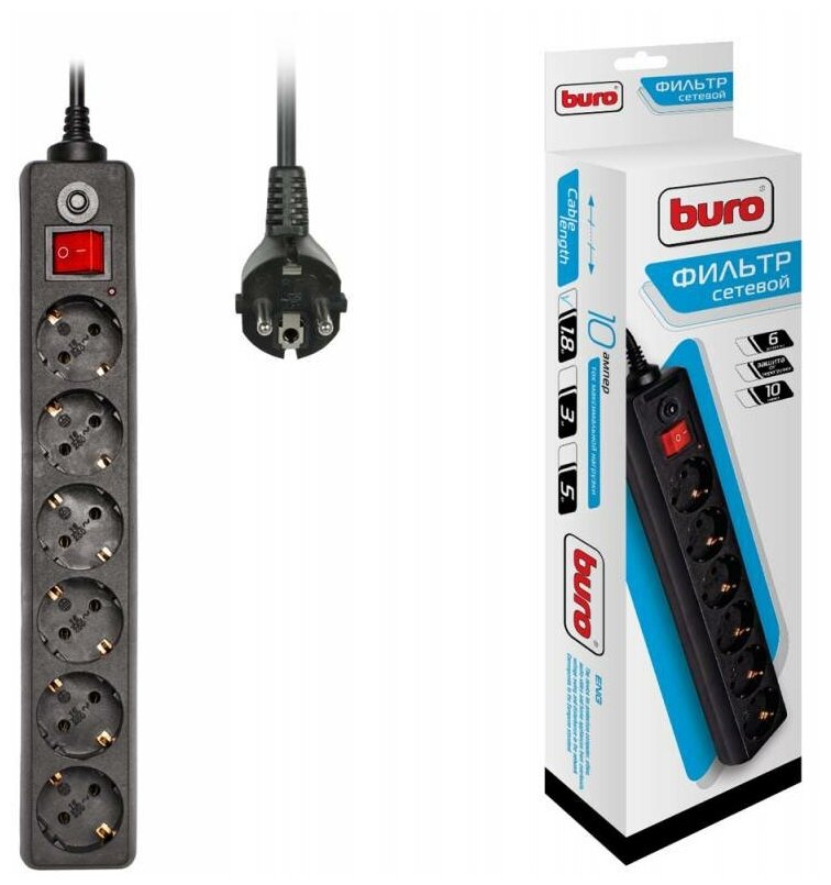 Сетевой фильтр BURO 600SH-1.8-B черный, 6гн, 1,8м, выключатель
