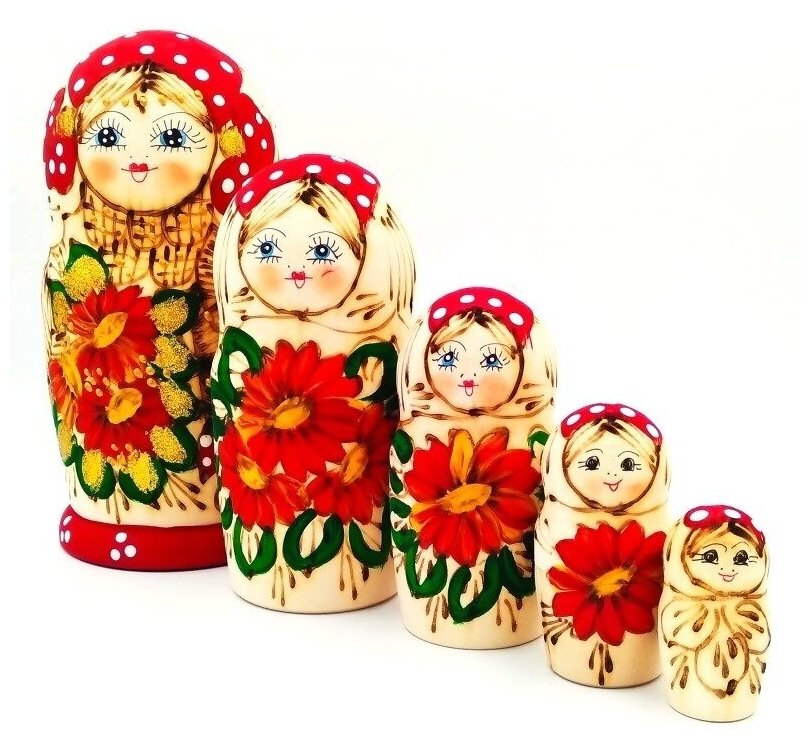 Матрешка 5мест 18см жженка Красная, ручная работа авторская роспись, русский сувенир подарок Петербург Москва, детская деревянная развивающая игрушка