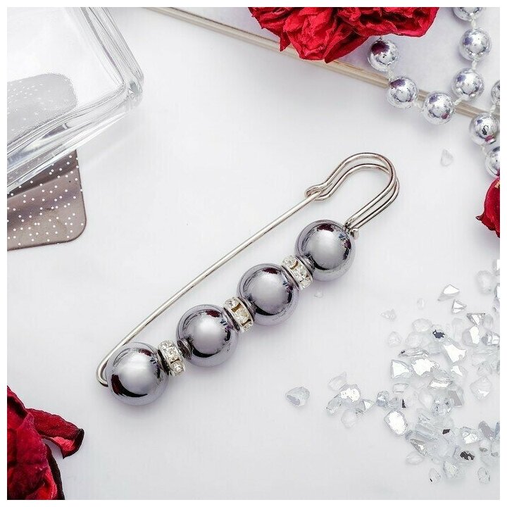 Булавка "Квартет" 8,5см, шар №14, цвет глянцевый серый в серебре