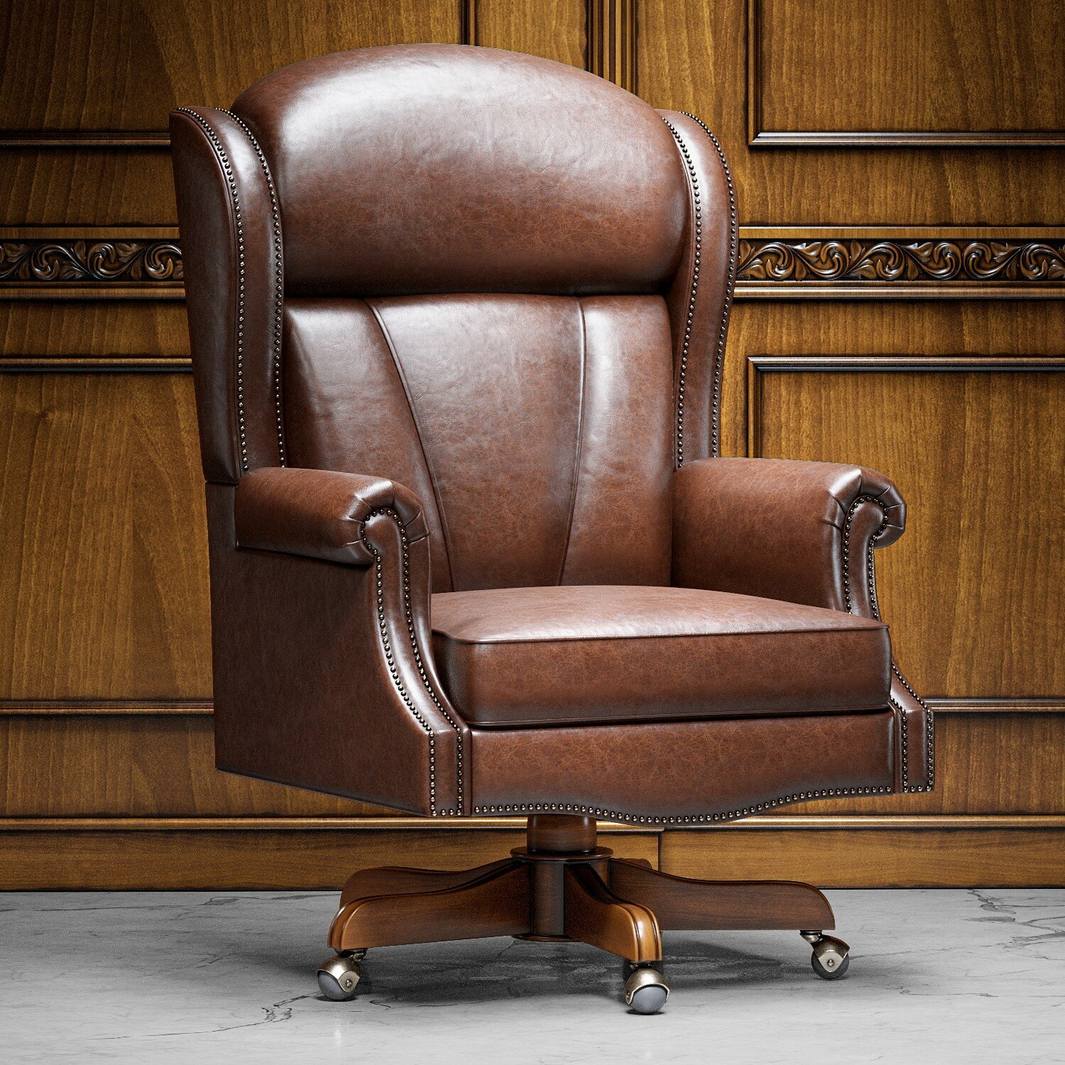 Солидное кресло для руководителя "Милтон Бруно", натуральное кожа - тёмно-коричневая