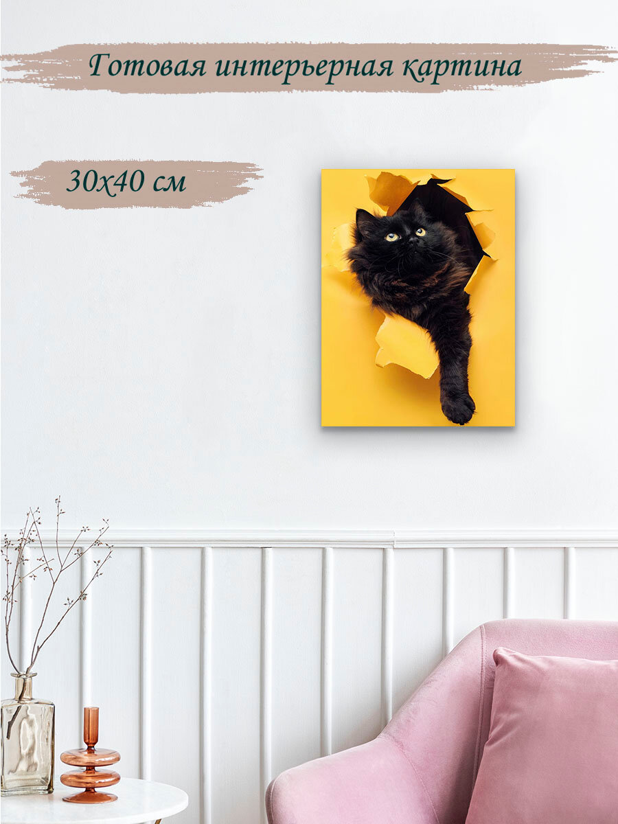 Картины для интерьера 30х40 Кот черный желтый фон