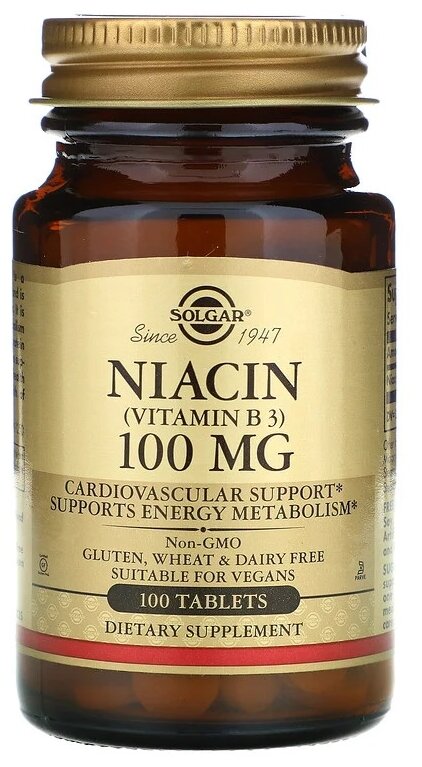 Таблетки SOLGAR Niacin (Vitamin B3), 100 мг, 100 шт.