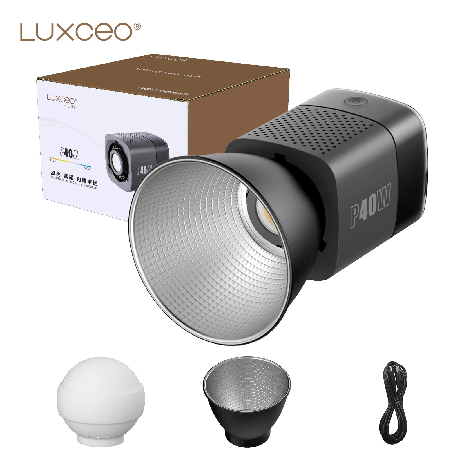 LUXCEO LED Video Light 40W Би-Цвет COB 2500-6500K 5000mAh