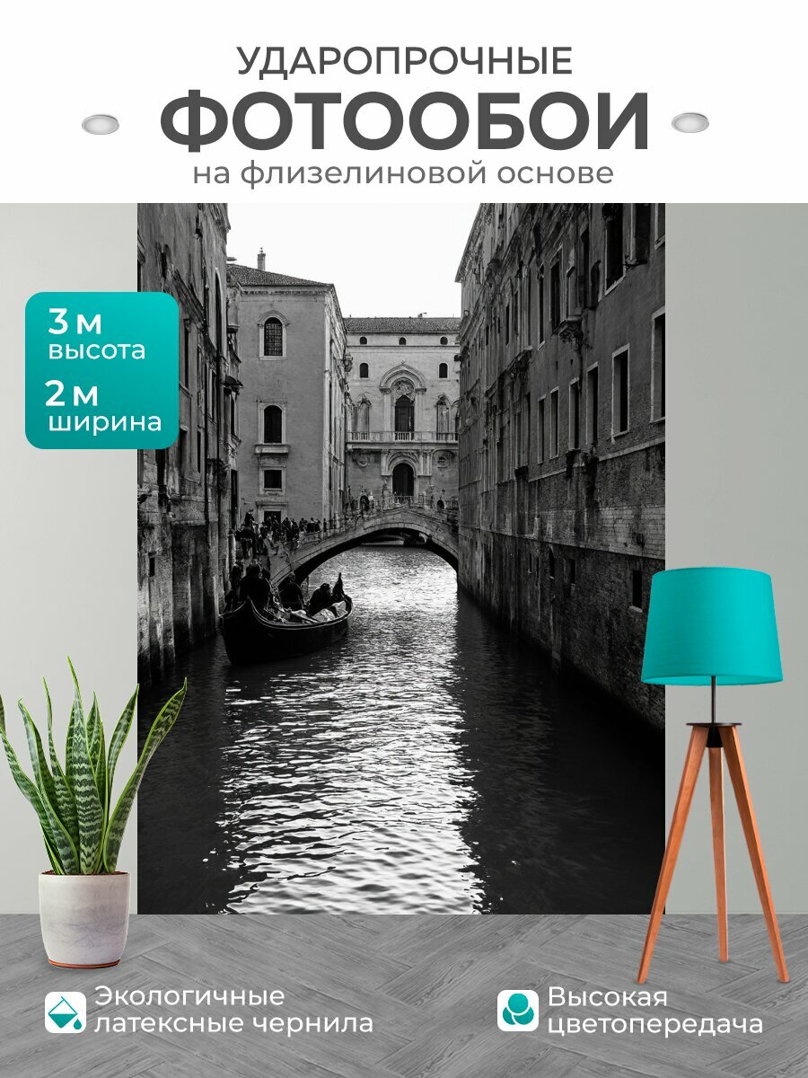Фотообои моющиеся ударопрочные "Венеция в технике черно-белой фотографии с высокой контрастностью, где каждый элемент, от отражений в воде до текстуры" 200x300 см. флизелиновые на стену