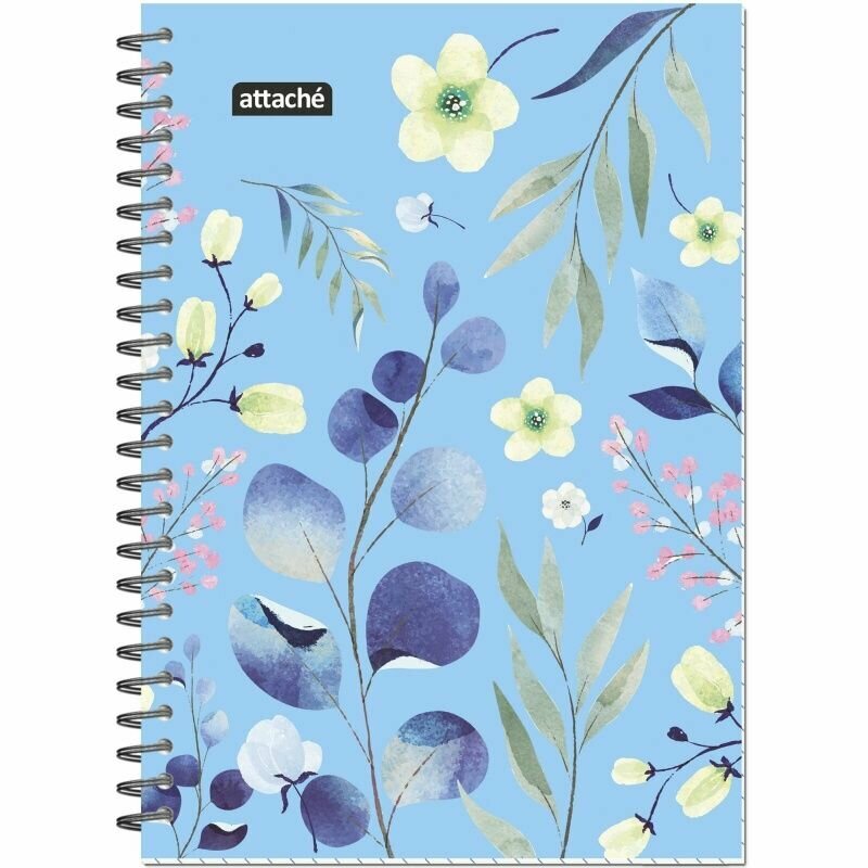 Блокнот Attache "Цветы" голубой, А5, 60 листов, клетка 65 г/м2 100%, гребень, картон, ВД-лак