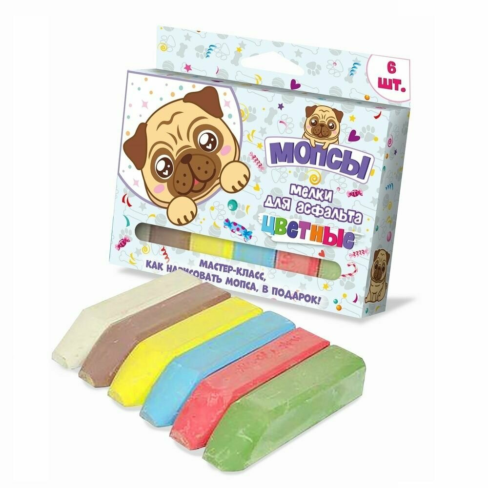 Набор цветных мелков ND Play "Мопсы", для асфальта, 12,3х8,4х2,2 см, 6 шт (МСВ)