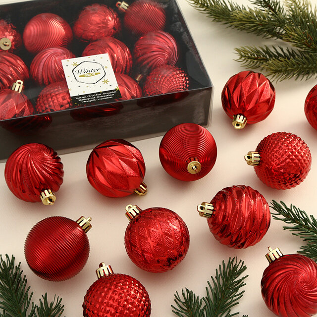 Набор пластиковых шаров Etude 6 см, 12 шт, красный, Winter Deco, 024010