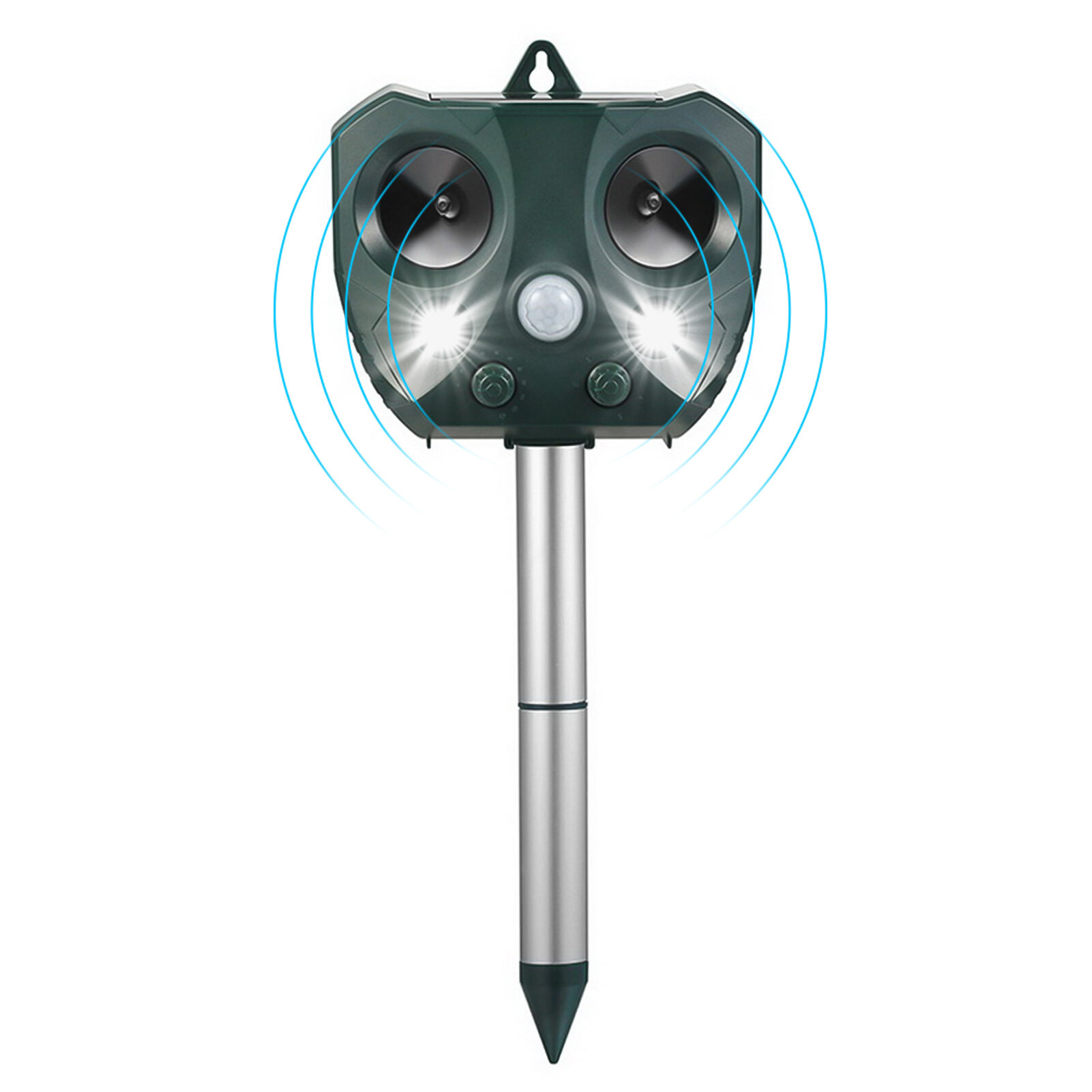 Ультразвуковой отпугиватель животных на солнечном энергии для улицы, водонепроницаемый, для фермы и сада, с мигающим светом и датчиком движения, ABS, зеленый, угол чувствительности 110 градусов, дальность чувствительности 8-9 м, IPX4, размер 15*6*36 см,