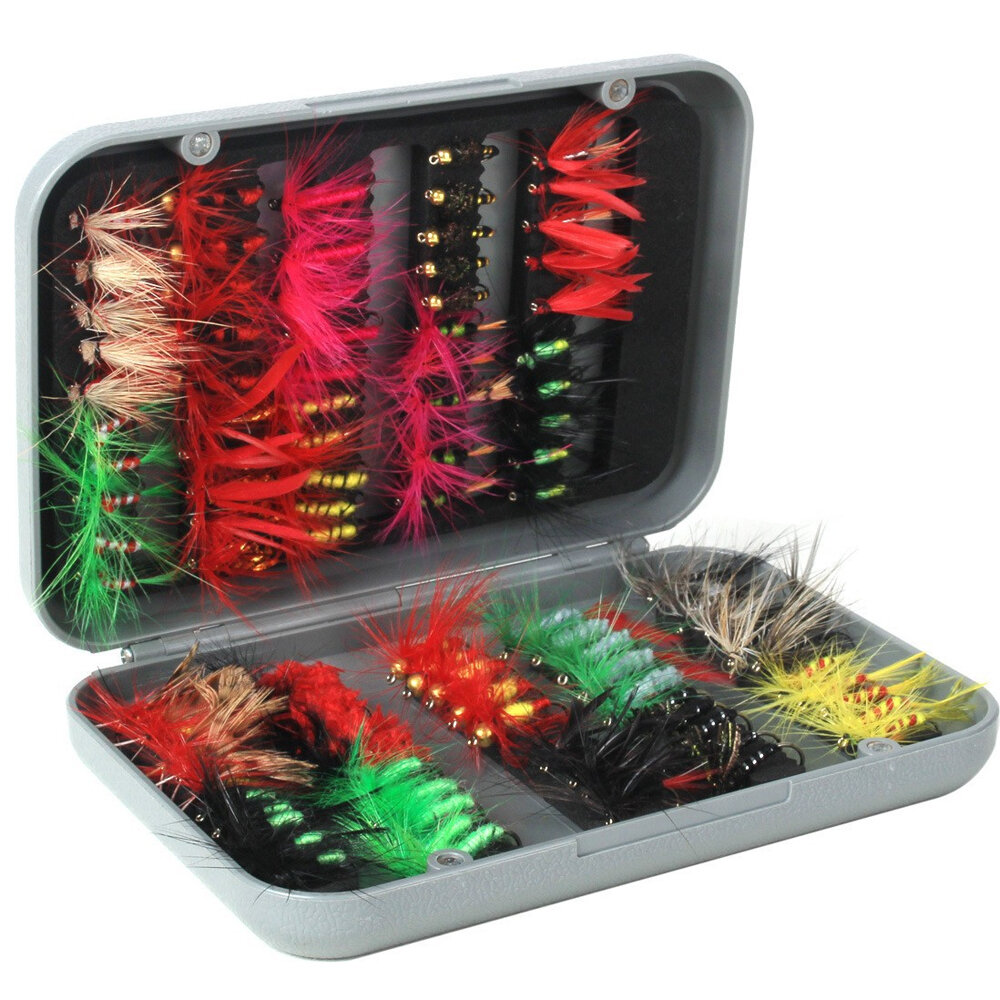 100 штук Набор мушек для приманок для ловли рыбы Fly Fishing Flies Dry Wet Assortment с ящиком для мушек для форели, бассейна Material: Птичий перо, углеродистая сталь Размер упаковки: 12.5*9.2*2.8см/4.9*3.6*1.1дюйма Вес упаковки: 85г/3 унции Список