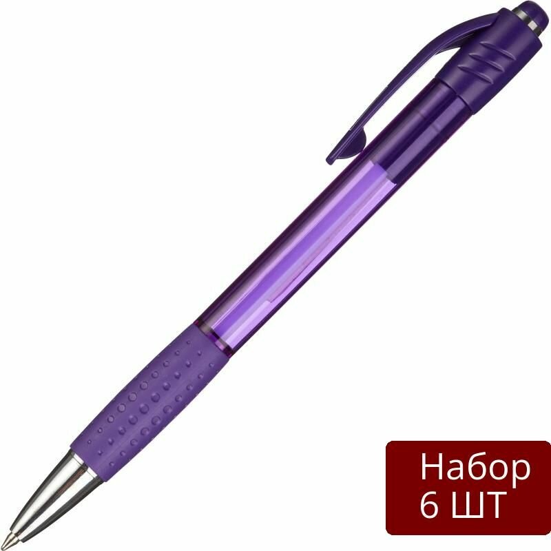 Набор из 6 шт Ручка шариковая Attache Happy, фиолетовый корпус, цвет чернил-синий