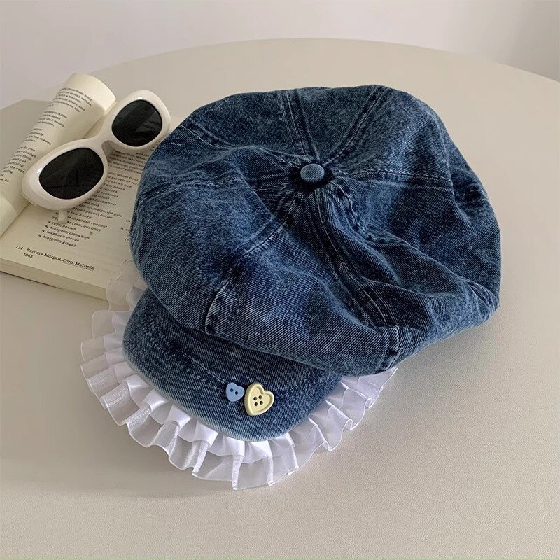 Джинсовый берет с пуговицами и кружевными краями, женский летний универсальный корейский стиль, маленькая шляпа-облако, модная восьмиугольная шляпа