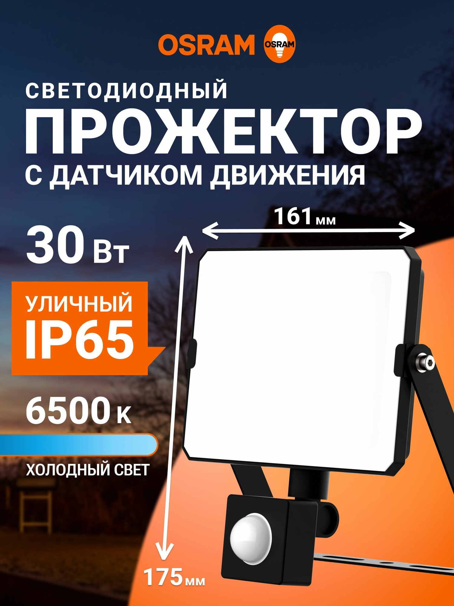 Прожектор светодиодный уличный с датчиком движения OSRAM, 30 Вт, 6500К холодный белый свет, IP65
