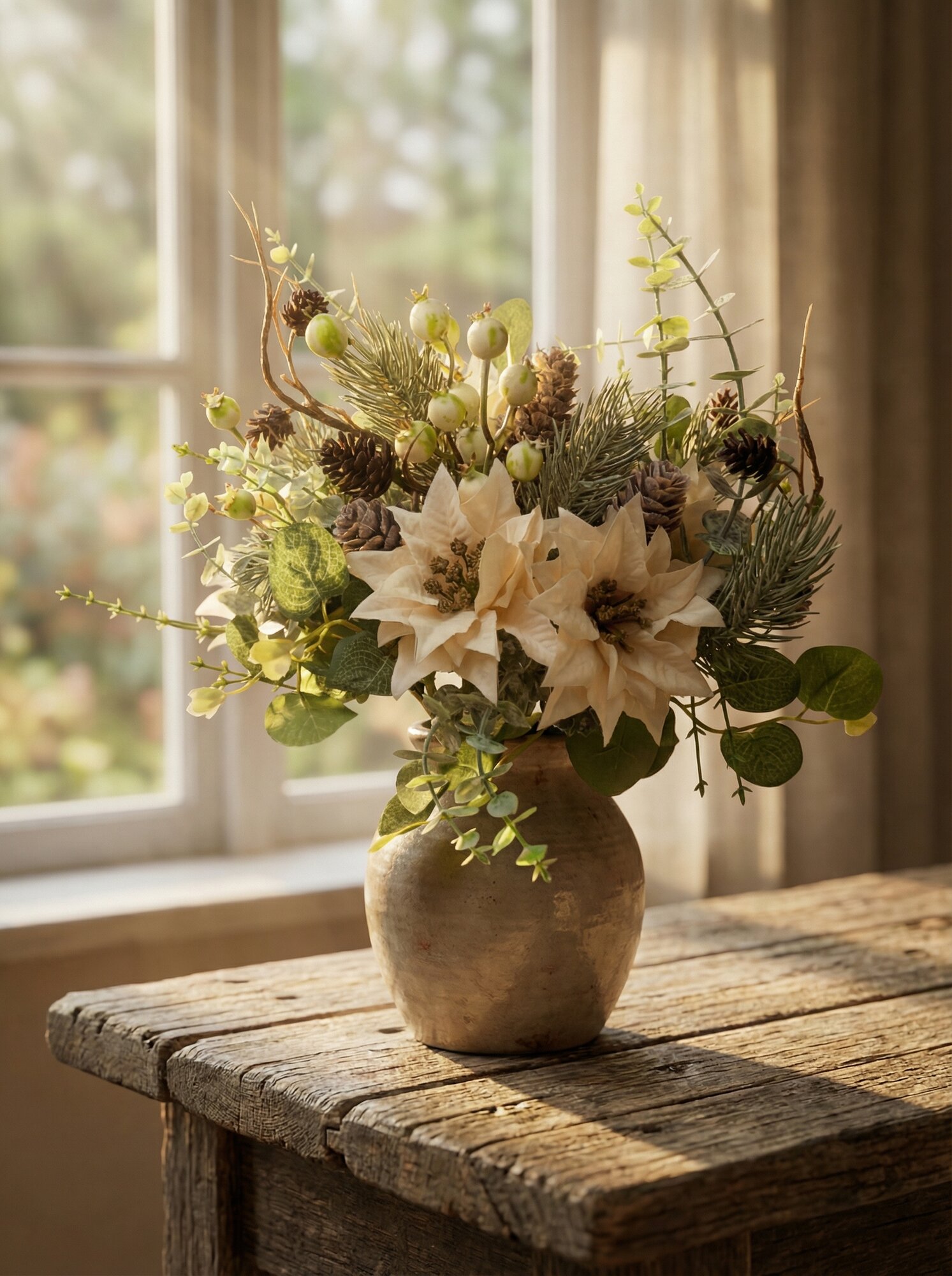 Цветы искусственные, пуансеттия с шишками и ёлочными веточками, нежно-жёлтая, длина 40 см