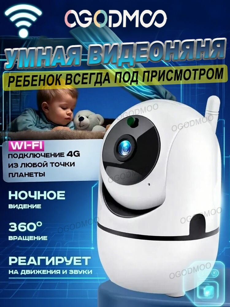 Видеоняня беспроводная, камера видеонаблюдения WiFi для дома и квартиры . IP камера 360 беспроводная.