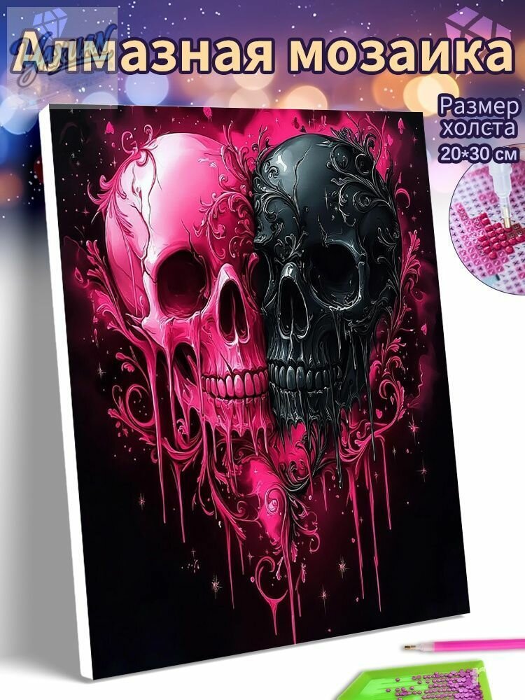 Алмазная мозаика холст на подрамнике 20x30 "Двухцветный череп" / алмазная вышивка