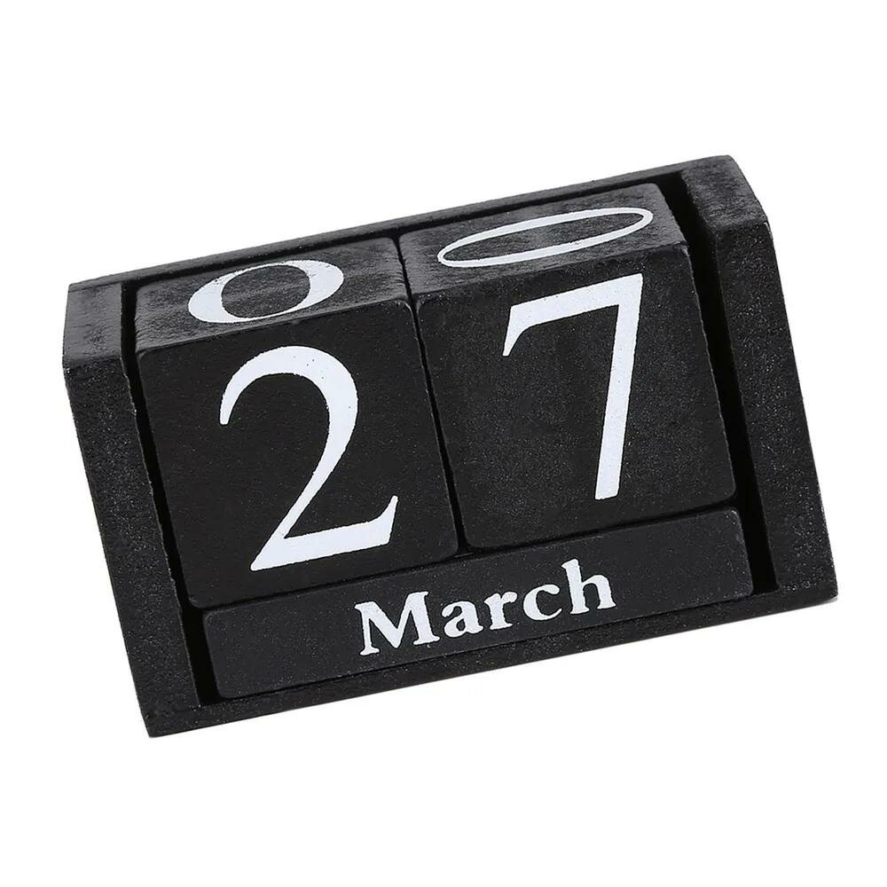 Вечный деревянный календарь для отображения месяца и даты, 2 блока с большими цифрами и блок с месяцами, 12 месяцев, 2 кубика для даты, материал дерево, размер 9,4*5,2*4,1 см, вес упаковки 151 г, черный цвет, 1 единица в комплект поставки