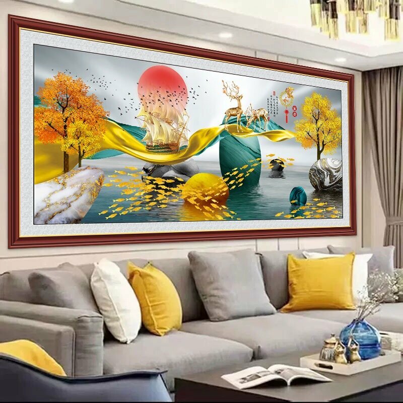 2025 Декоративная картина для стены за диваном, новая китайская стильная пейзажная живопись, текущая вода приносит богатство, самоклеящаяся обои-наклейка, мурал
