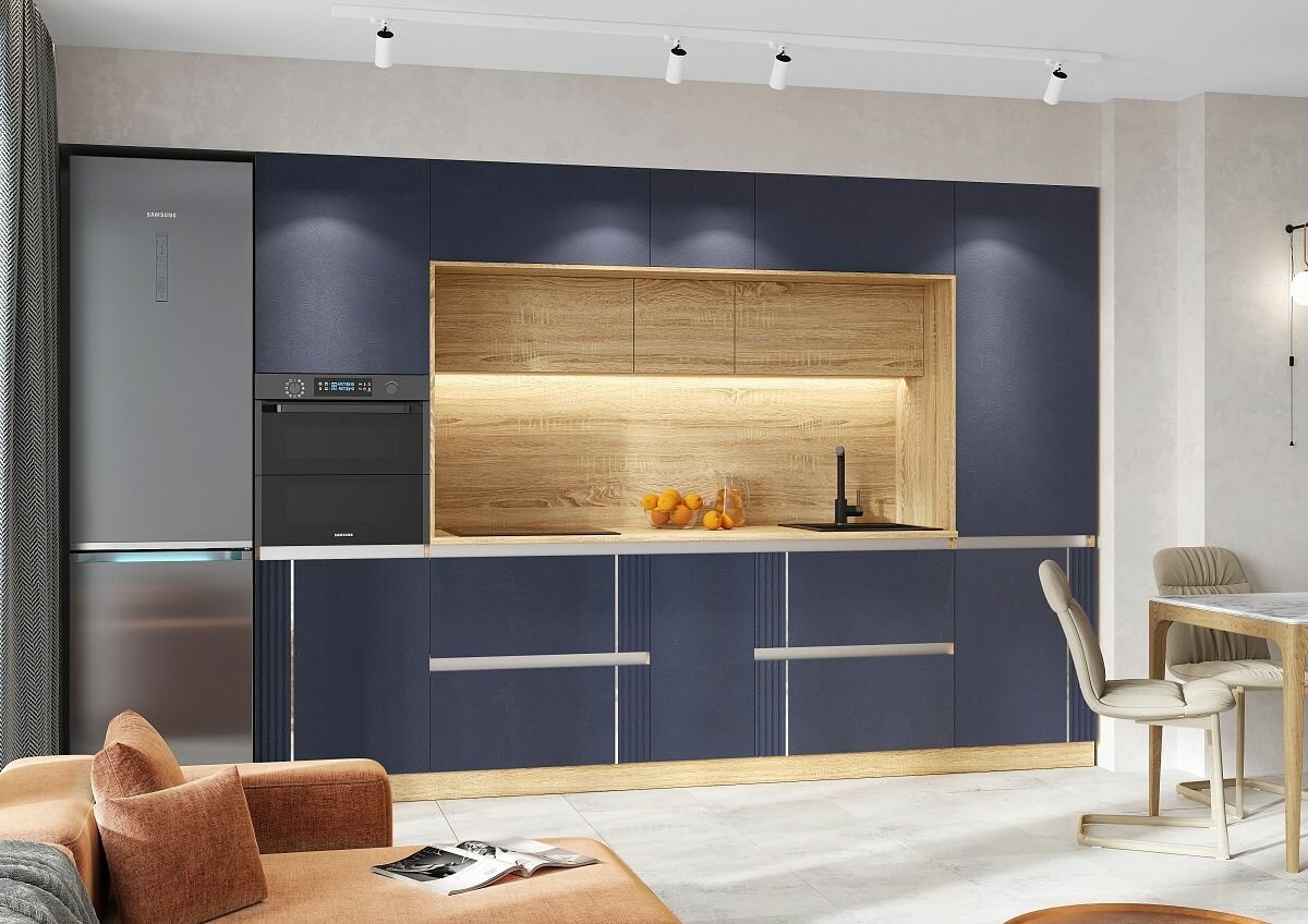 Кухонный гарнитур Карина 3,2м (Пластер Индиго, Сонома), мдф, со столешницей