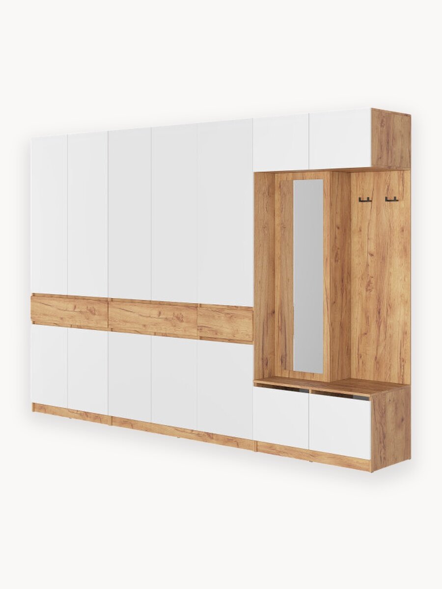 Прихожая с зеркалом Нонтон Веллум 5, дуб крафт золотой / белый, 315 см