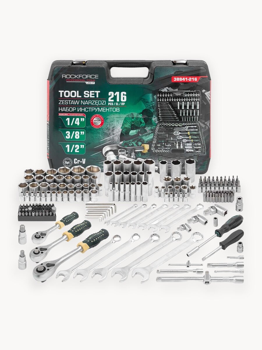 Набор инструментов Rockforce 216 предметов 1/4, 3/8, 1/2 (6гр.) RF LIGHT-38841-216(62002), пластиковый, белый, съемный