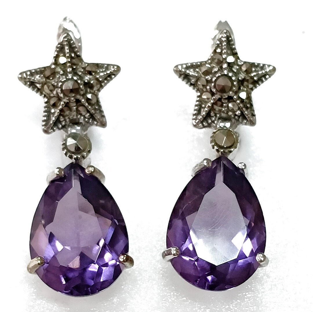 Серьги с подвесками, серебро, 925 проба, родирование, пирит, аметист синтетический