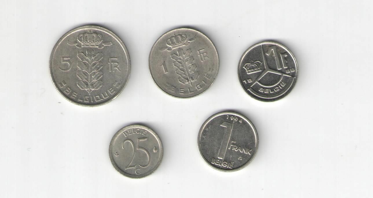 Набор монет Бельгии 5, 1 франков 3 вида +25 сантимов (5 монет)