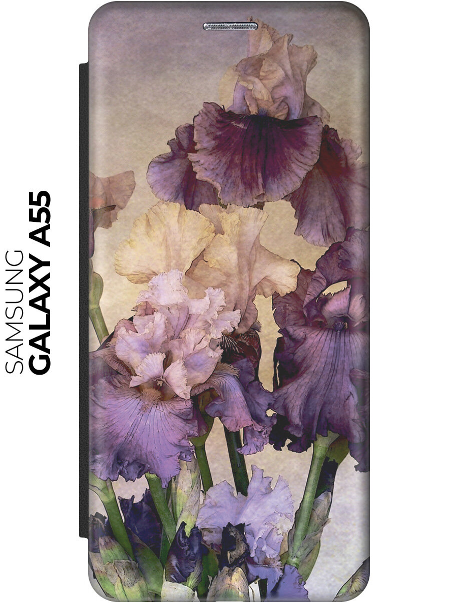 Чехол-книжка на Samsung Galaxy A55 / Самсунг А55 с рисунком "Фиолетовые цветы" черный