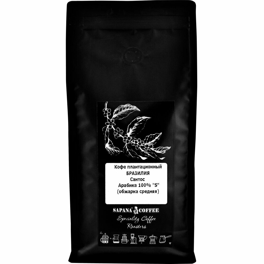 Плантационный кофе в зернах LEO DE VI Бразилия Сантос (1 кг) - 100% арабика темной обжарки для любой кофеварки
