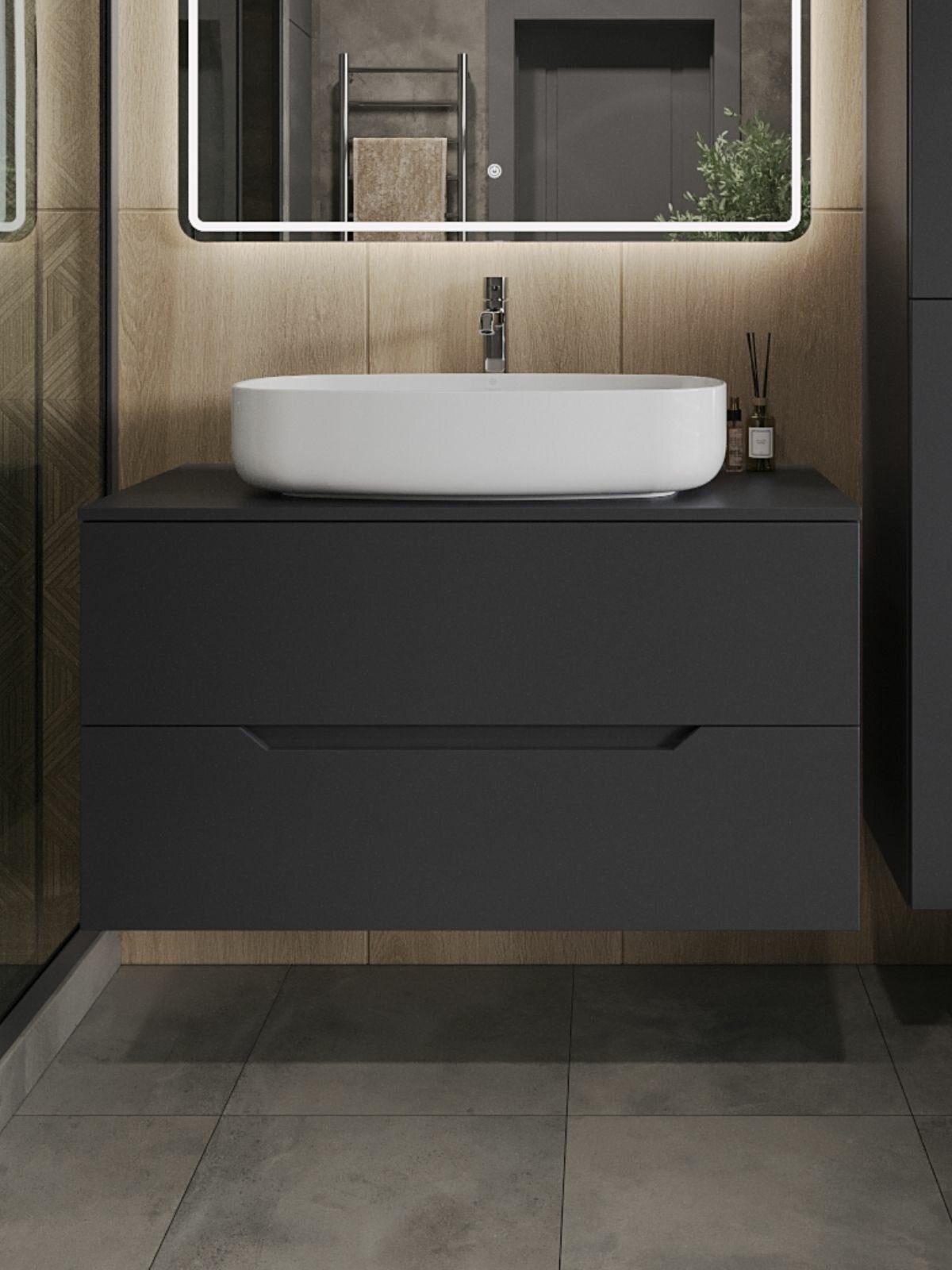 Тумба с раковиной подвесная 100 см Orange Line Li-100TugMDF+B07-675W, графит/белый