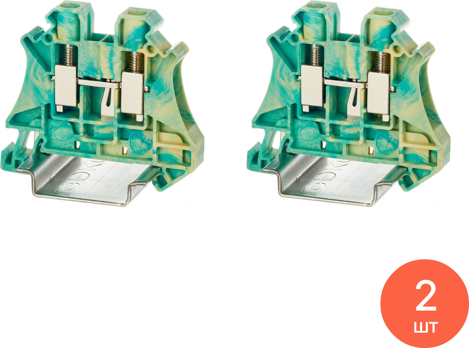 Клемма для проводов DKC / ДКС заземления на 6мм2 с винтовыми зажимами, 2 точки подключения, желто-зеленая, 1шт. / зажим (комплект из 2 шт)