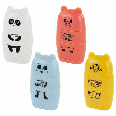 16 шт. Точилка с ластиком 2 в 1 BRAUBERG KIDS "Зверушки", 2 отверстия, дизайн ассорти, 271989