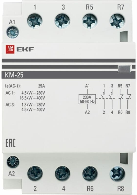 Контактор модульный EKF PROxima КМ (km-3-25-22) 230-240 В 25 А тип AC 2НО+2НЗ