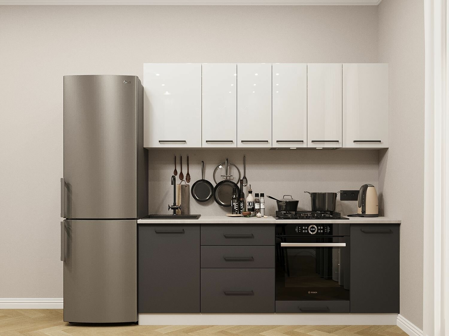 Модульная кухня прямая ЛДСП 2,1м белый глянец/графит без столешницы мебельный РАЙ П5.1