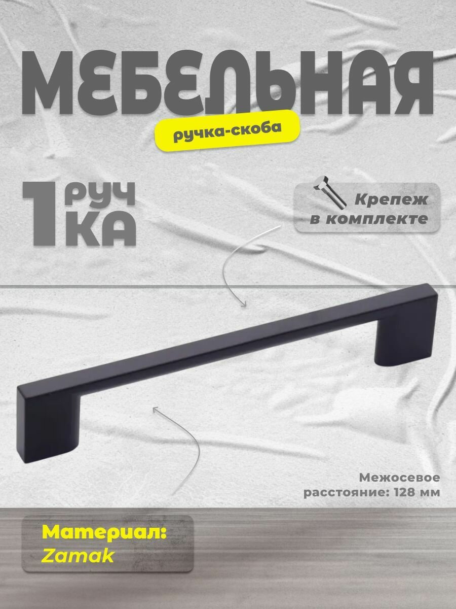 Ручка-скоба Inred IN.01.4190.128. MBL матовый чёрный (металл), ручка для шкафов, комодов, для кухонного гарнитура
